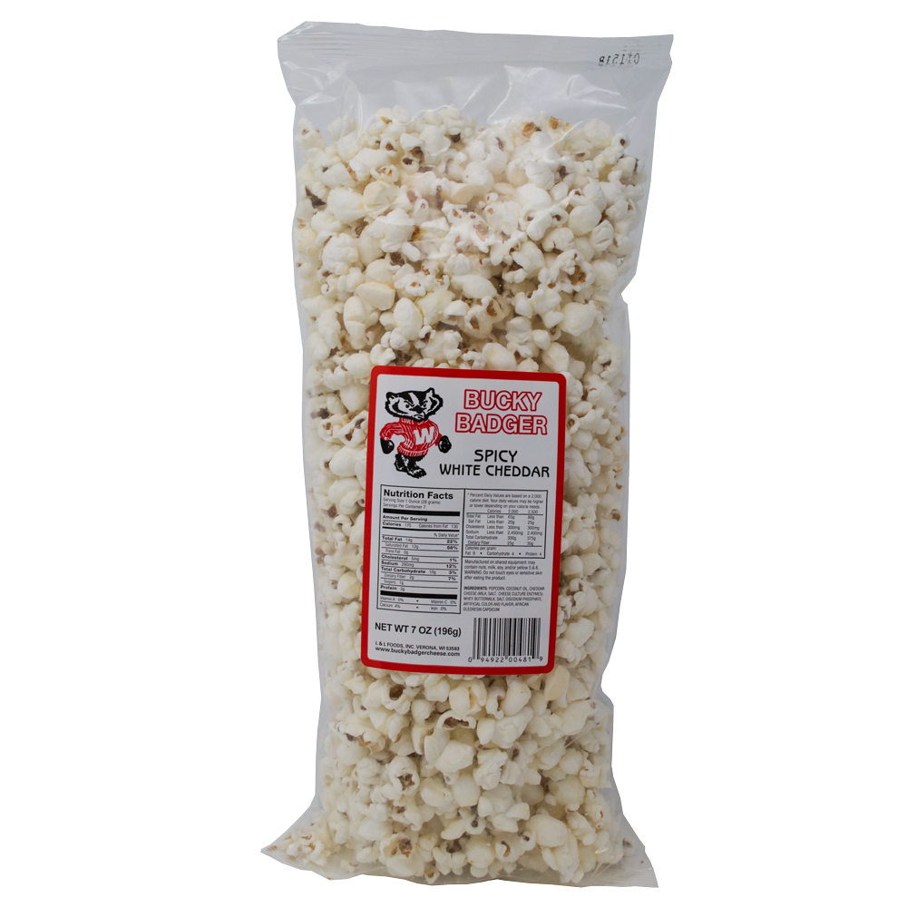 Bucky Badger Spicy White Cheddar Popcorn – Bucky Badger Cheese